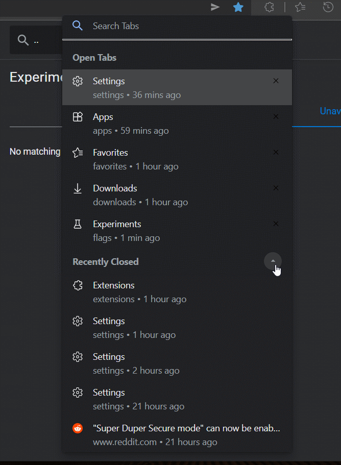 Microsoft has added a new option to the Tab actions menu: "Search tabs ...