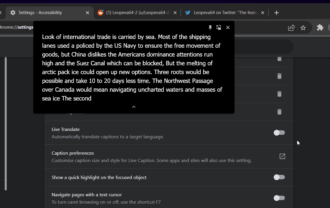 Chrome's caption settings page has a new UI with some new features ...