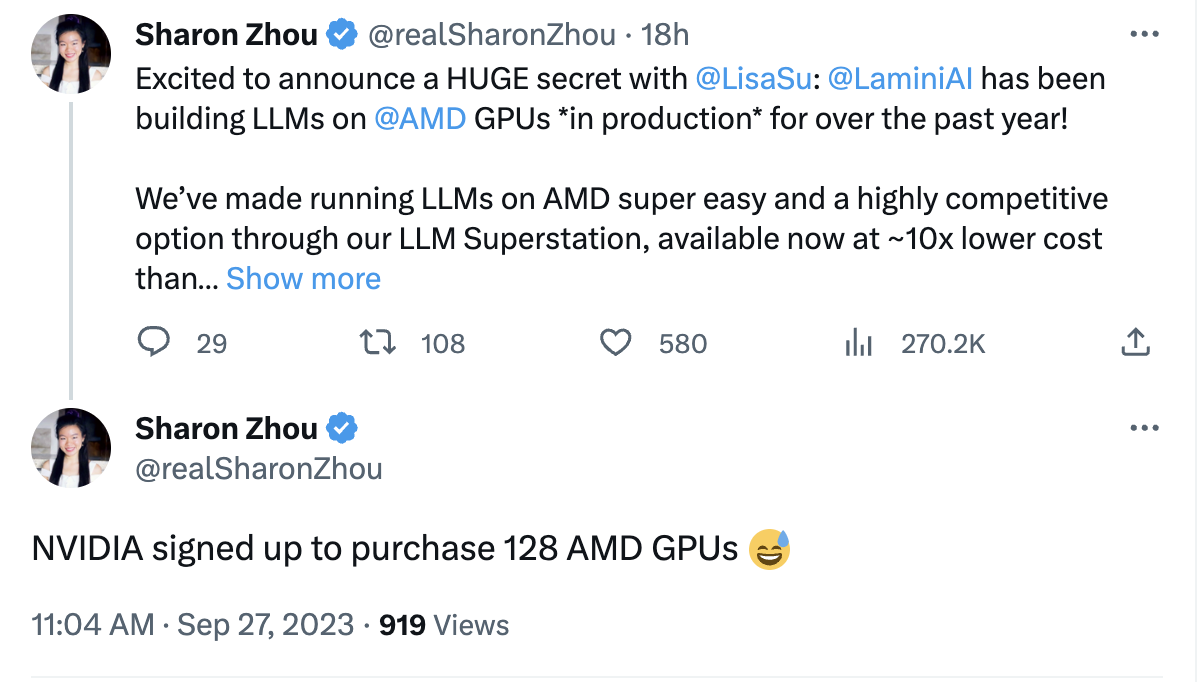 Discussion: AMD-Backed LLM Developer Makes Fun of NVIDIA's AI GPU Shortages