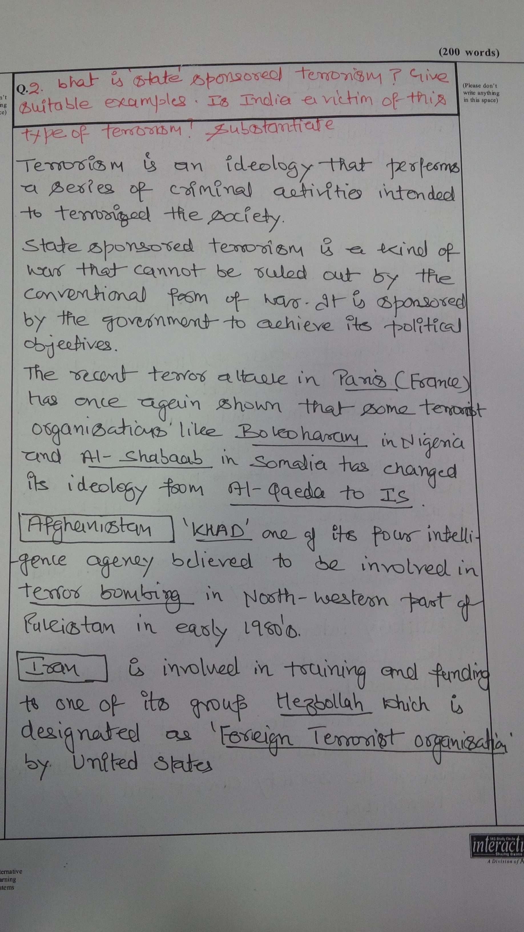 2. What is ‘state sponsored terrorism’? Give suitable examples. Is ...