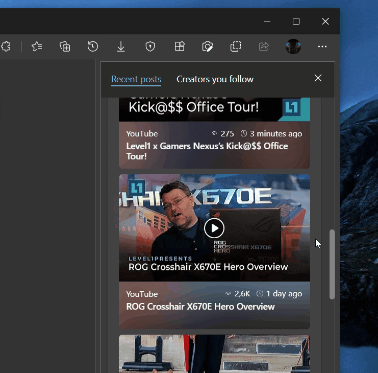 The 'Follow' pane now shows video previews. : r/MicrosoftEdge